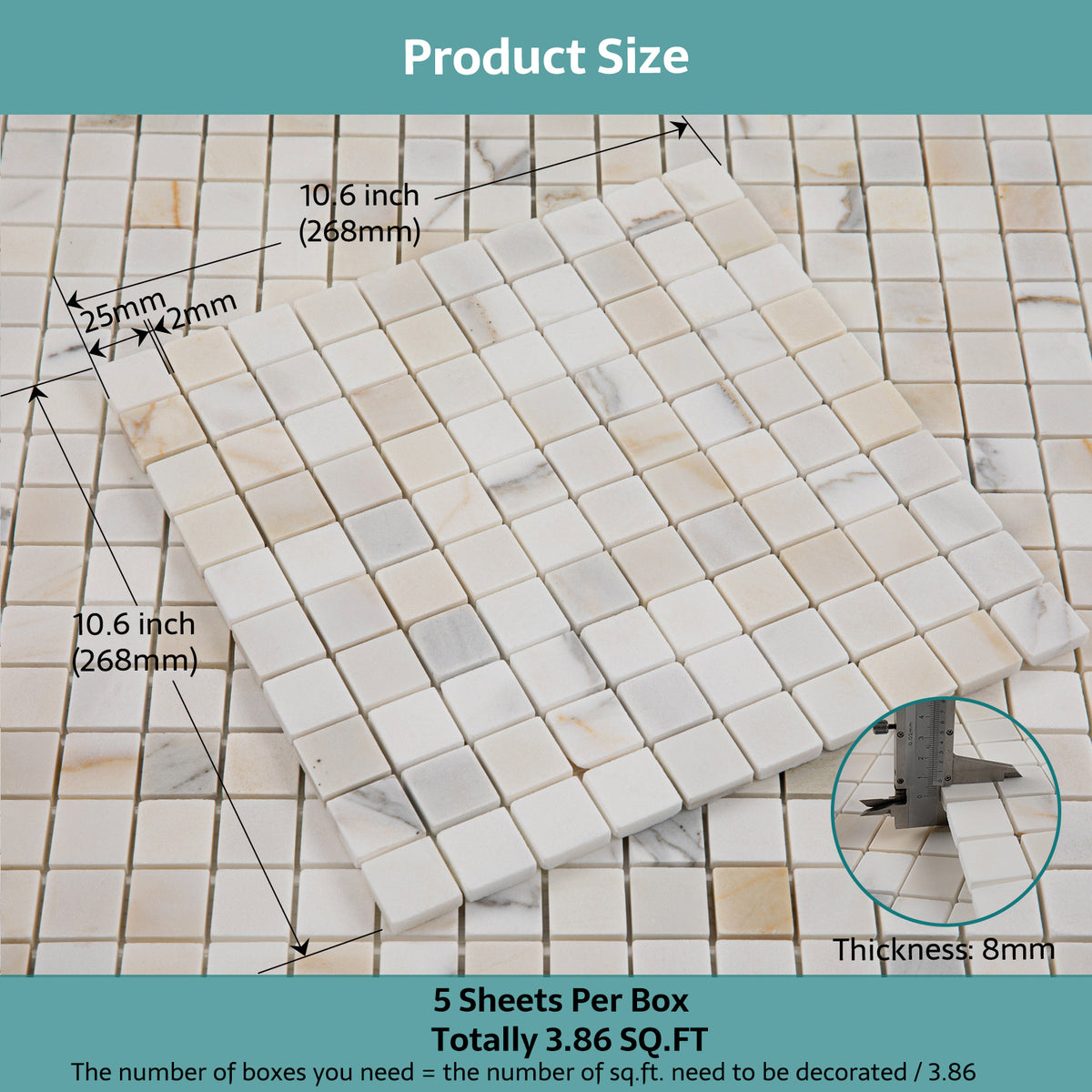 Calacatta Gold Marble Mosaic Tiles, 1 inch Square, Honed, 5 Sheet, CA42 ...